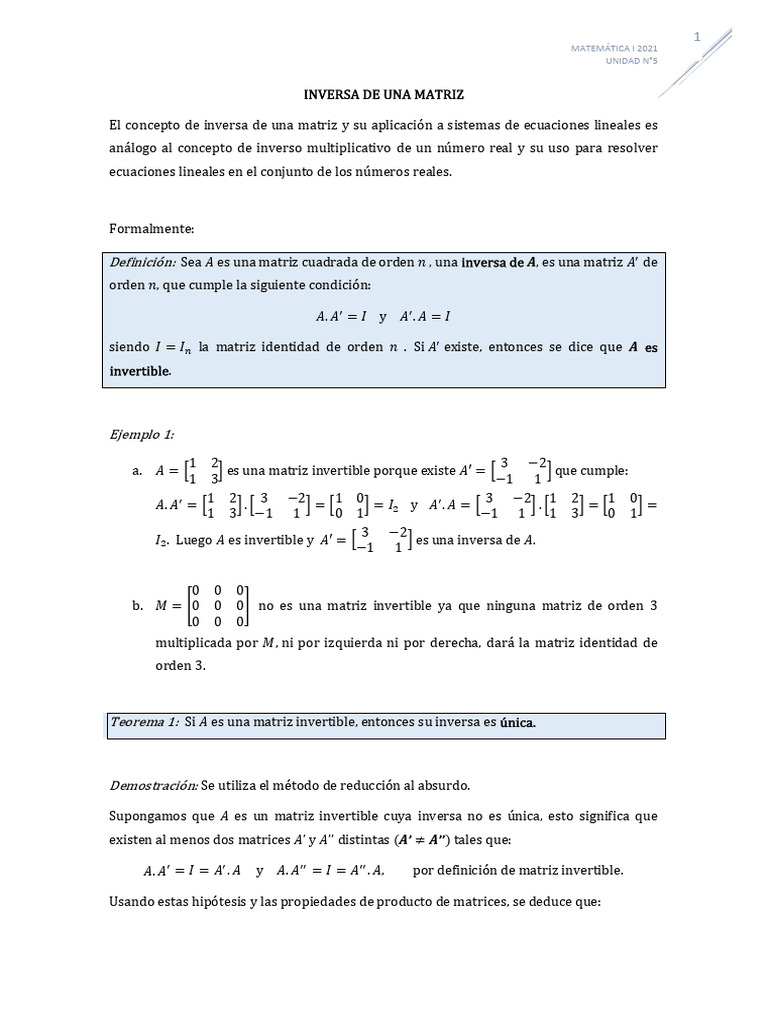 Unidad n 5 Inversa de Una Matriz 2021 | PDF | Matriz (Matemáticas) | Ecuaciones
