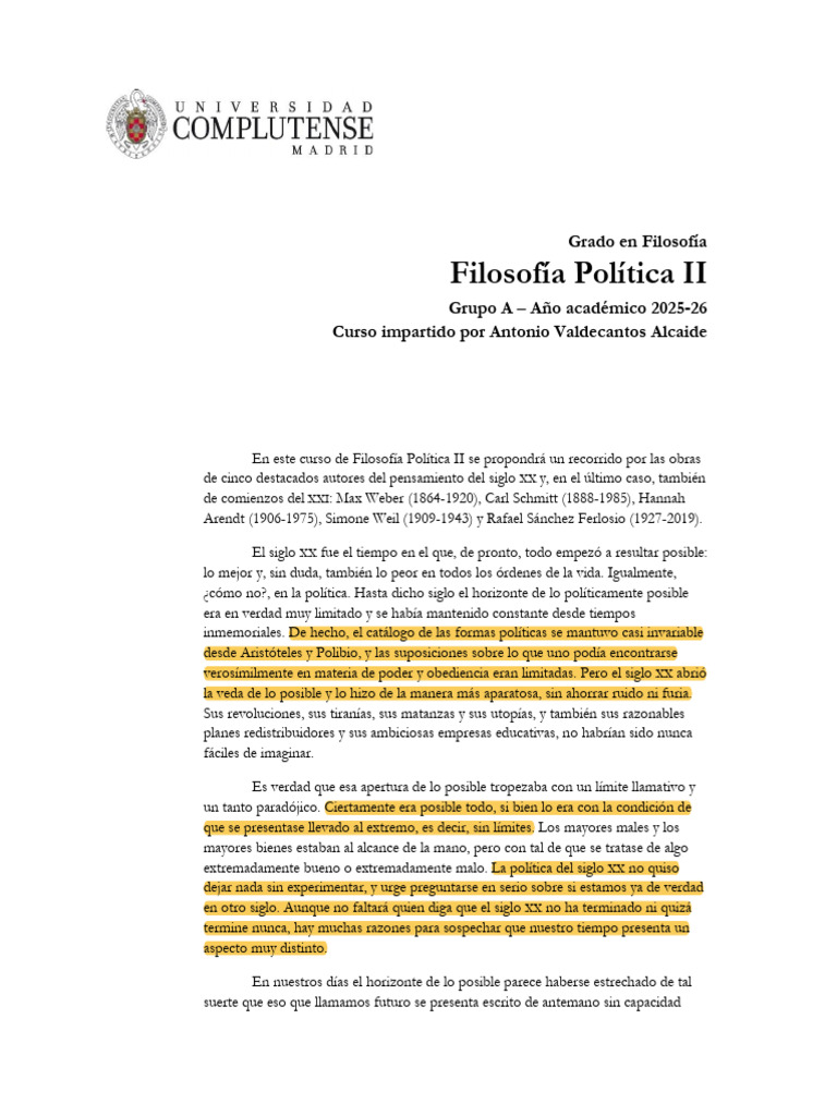 Programa de Filosofía Política II, enero-mayo 2026 | PDF | Verdad | Realidad
