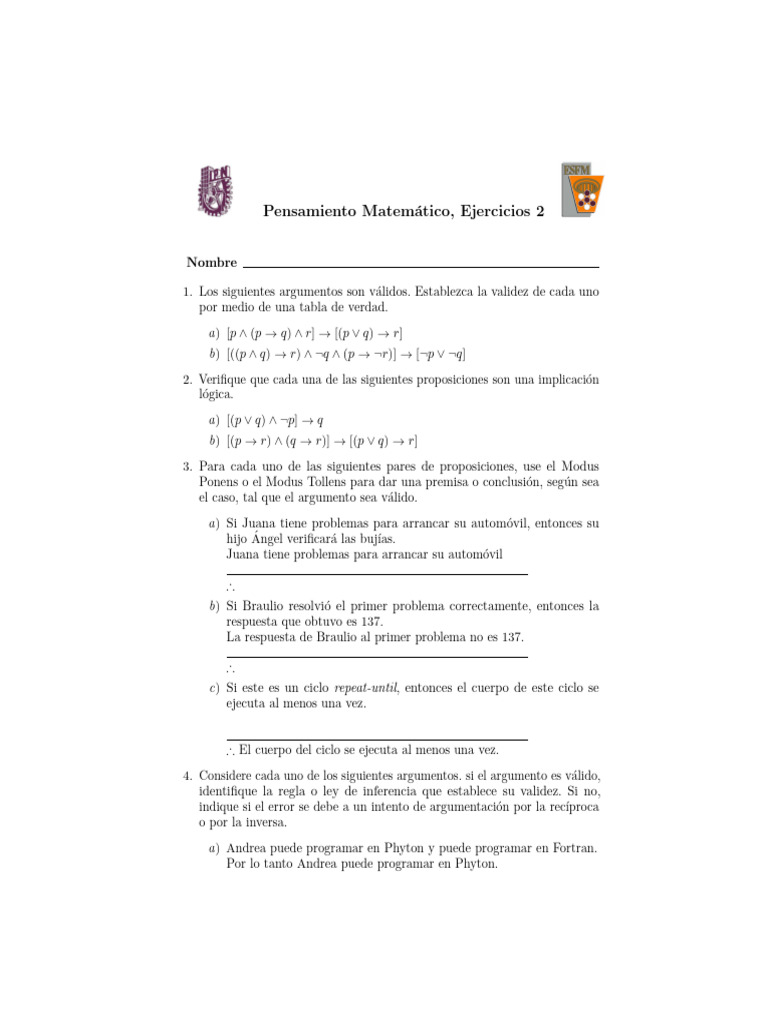 Ejercicios de Lógica y Validez Matemática | PDF | Sintaxis (Lógica ...