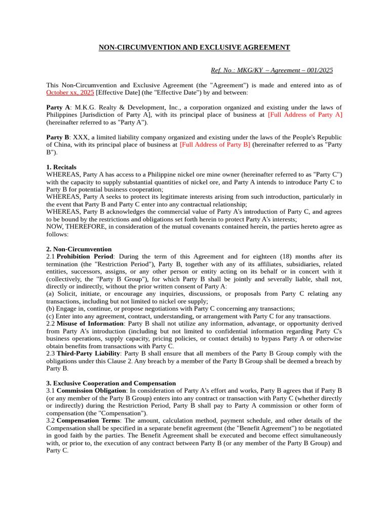 Non-Circumvention and Exclusive Agreement (Nickel) (W1) | PDF | Breach ...