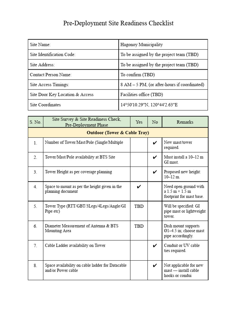 Pre-Deployment Site Readiness Checklist | PDF | Physical Layer ...