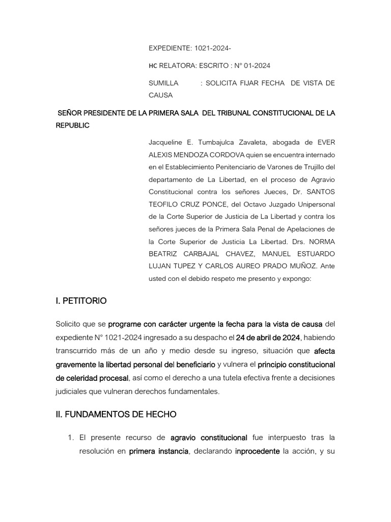 Solicita Fijar Fecha Para Vista de Causa -Tc | PDF | Justicia | Crimen ...