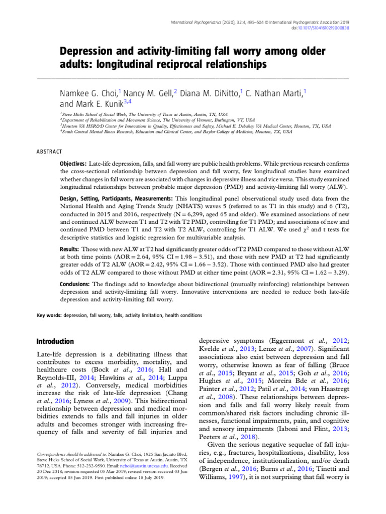 Depression and Activity-limiting Fall Worry Among Older Adults ...