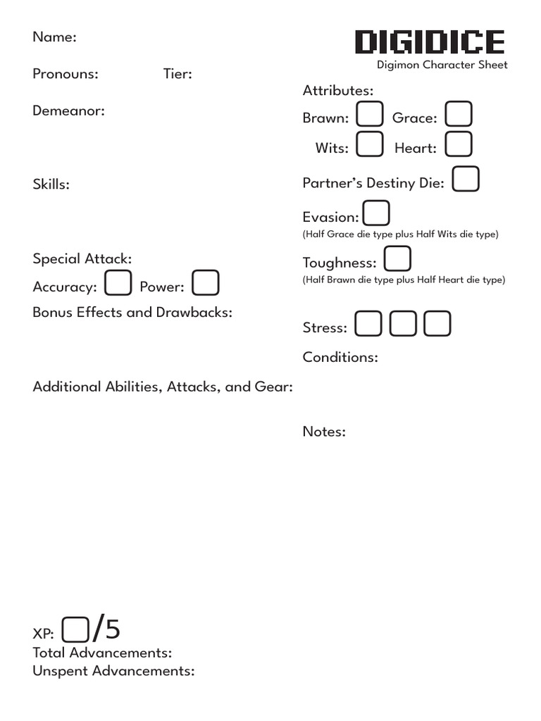 Digimon Character Sheet Template | PDF
