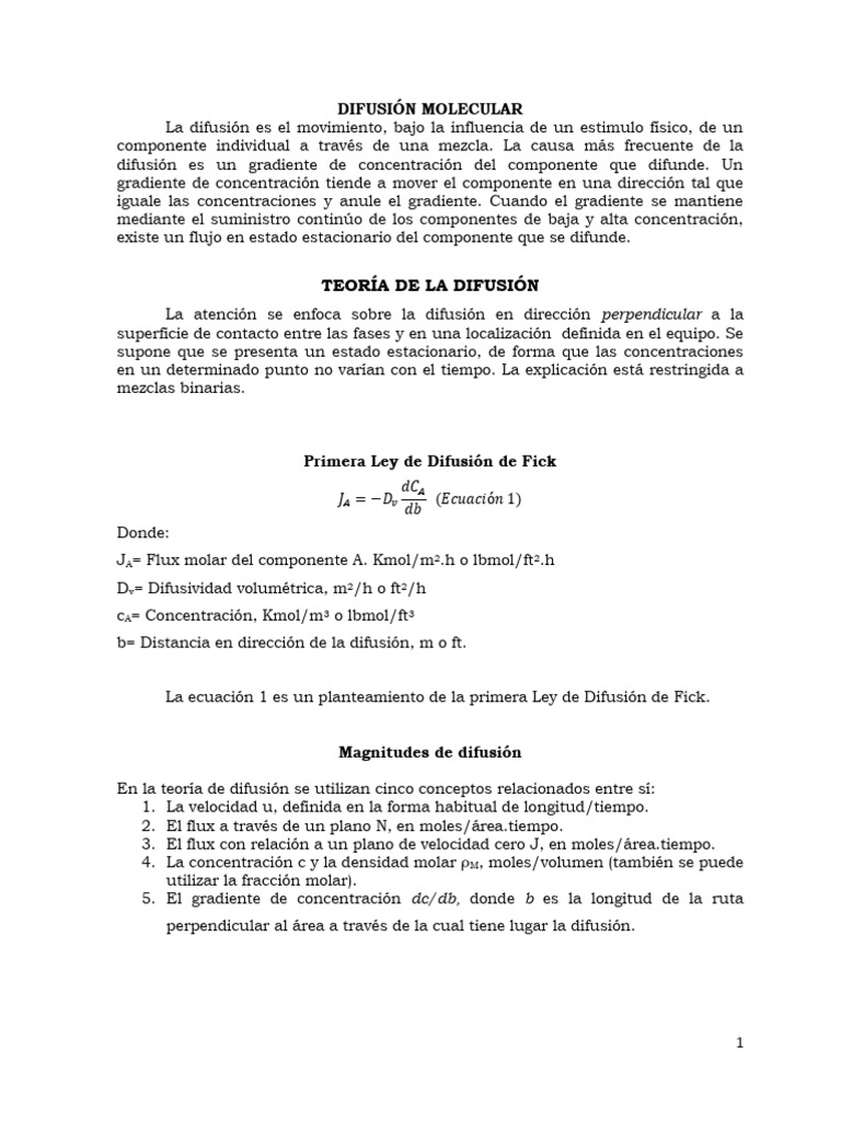 Ley de Fick Para La Difusión Molecular | PDF | Difusión | Gases