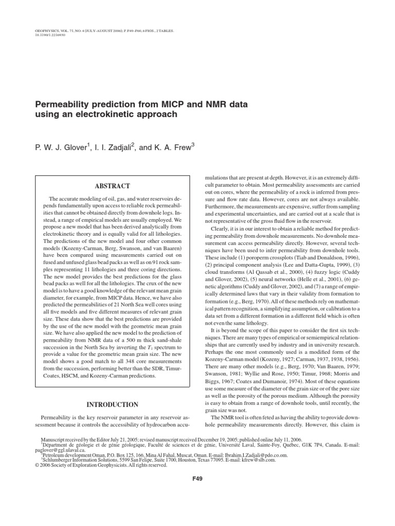 Permeability Prediction From MICP and NMR Data Using An Electrokinetic ...