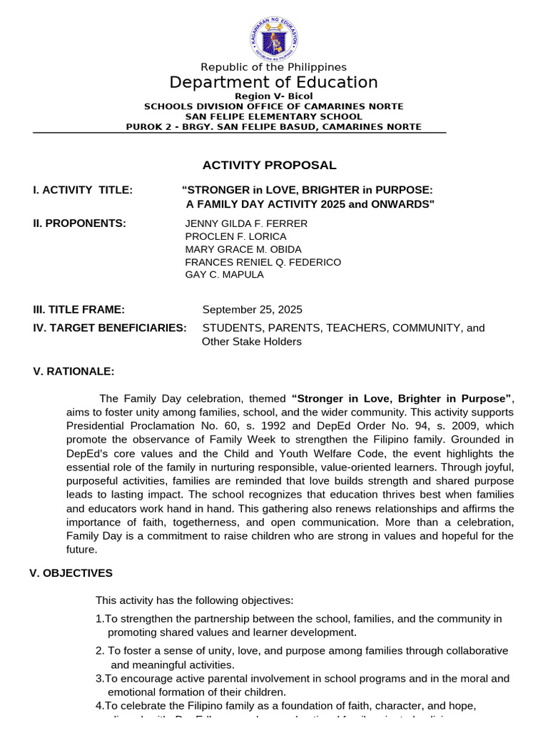 revised FAMILY DAY PROPOSAL | PDF | Philippines