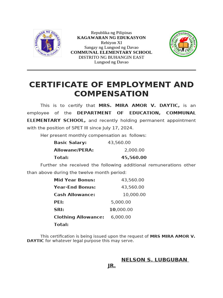 Employment Certificates for Davao Educators | PDF | Employment | Labor