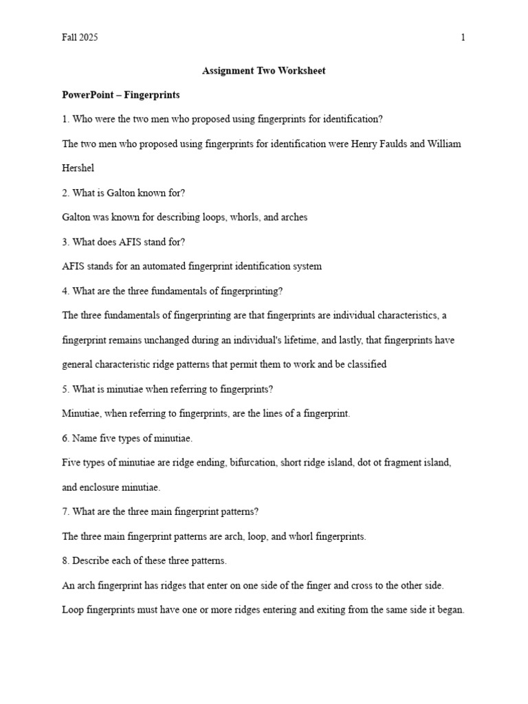Assignment Two Worksheet FALL25 | PDF | Fingerprint | Forensic Science