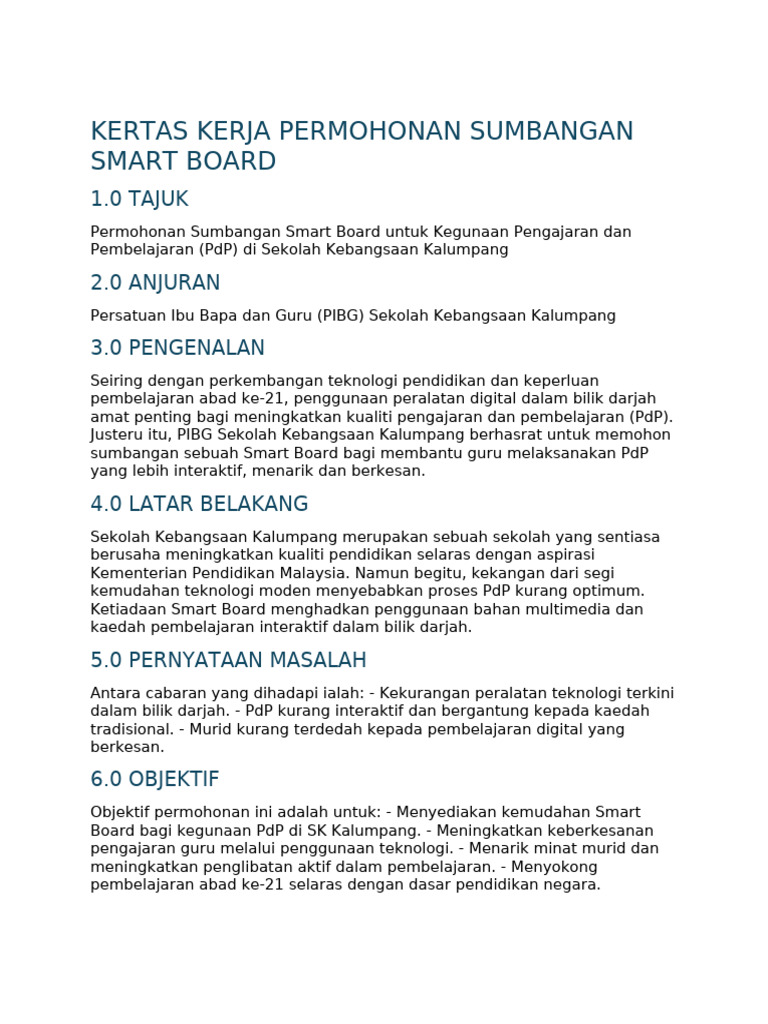 Kertas Kerja Permohonan Sumbangan Smart Board Sk Kalumpang | PDF