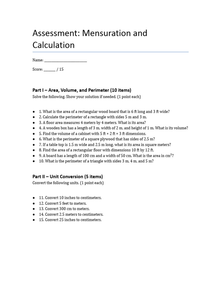 Mensuration Assessment: Area & Volume | PDF