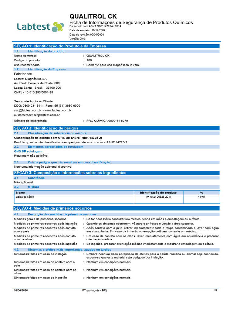 Ficha de Segurança do QUALITROL CK | PDF | Substancias químicas ...