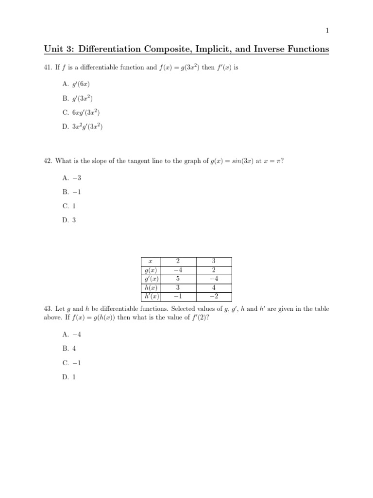 Unit_3_Multiple_Choice_Practice | PDF | Derivative | Tangent