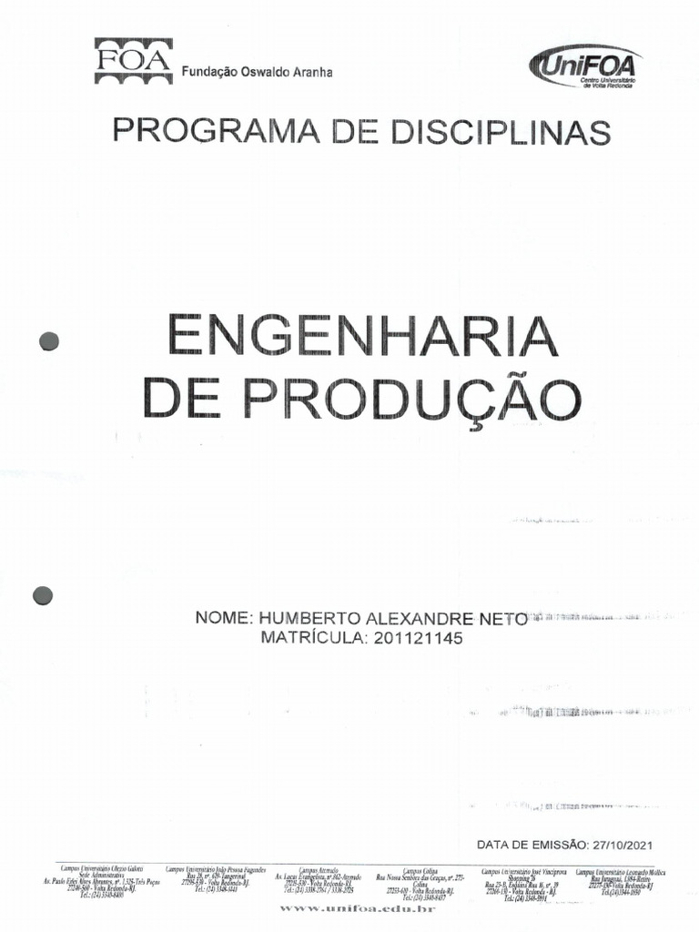 Programa de Disciplinas Humberto Alexandre Neto | PDF