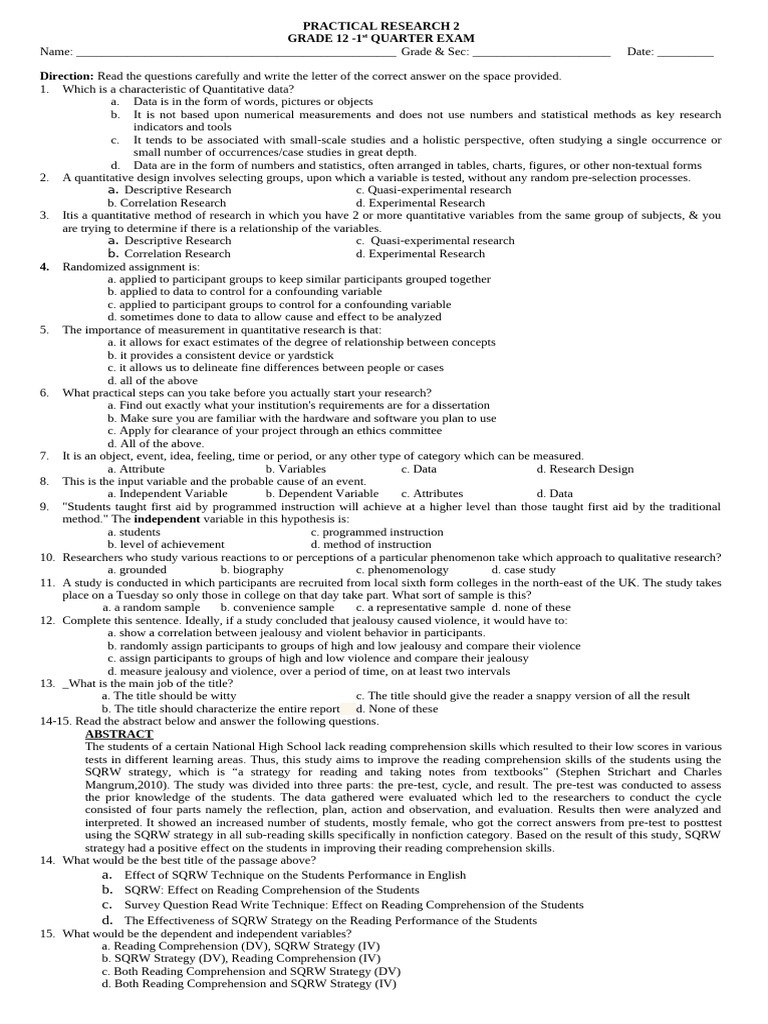 PRactical Research2 1ST Quarter EXAM | PDF | Reading Comprehension | Statistics
