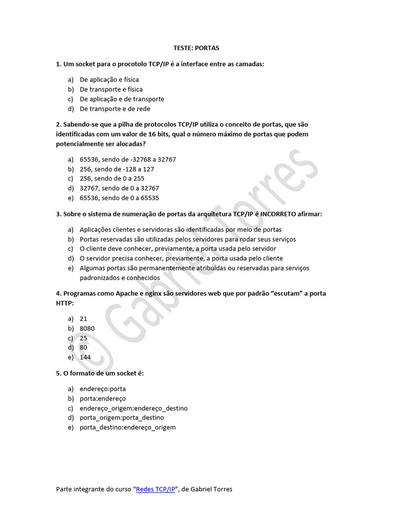 Teste sobre Portas em Redes TCP/IP | PDF | Porta (rede de computadores ...