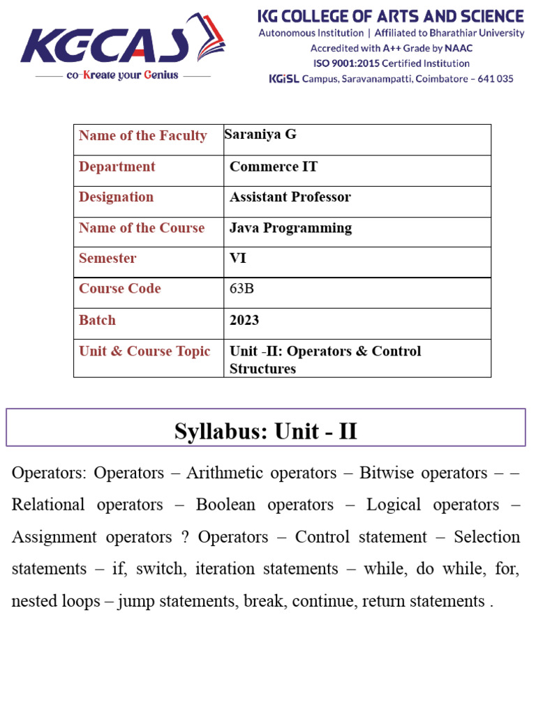 Unit II JAVA.pptx | PDF | Control Flow | Boolean Data Type