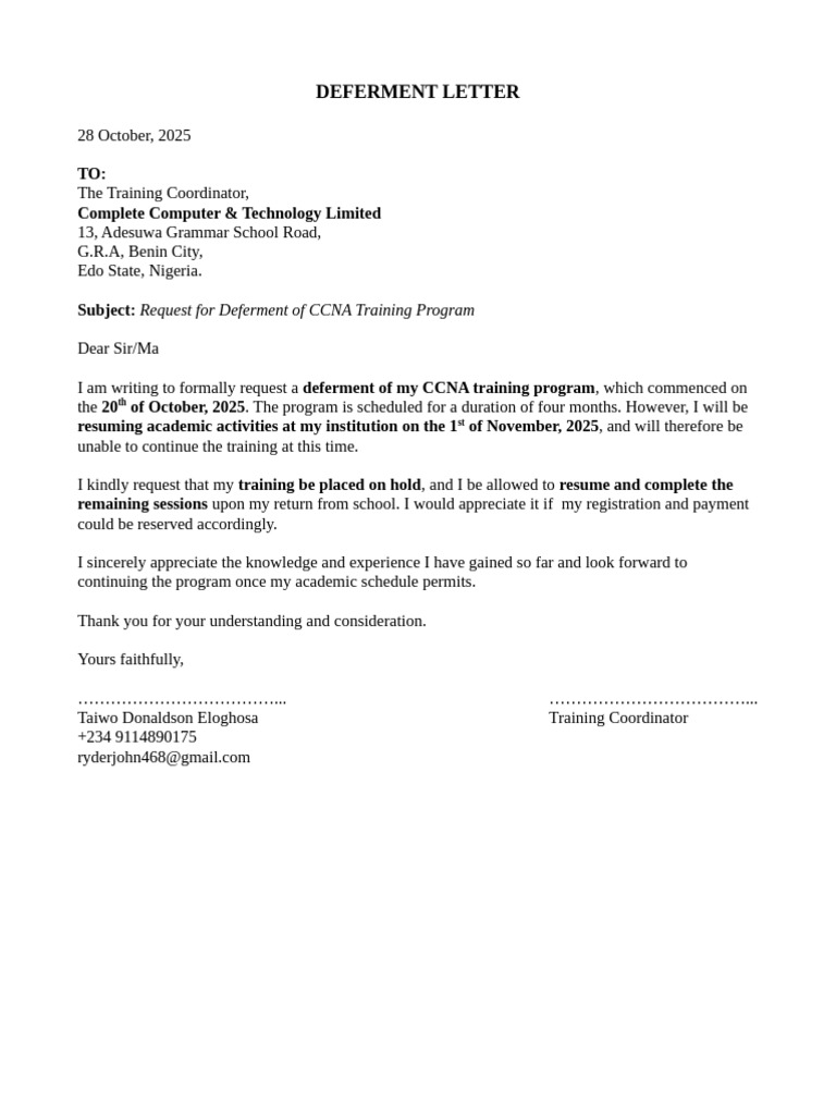 CCNA Training Deferment Request Letter | PDF