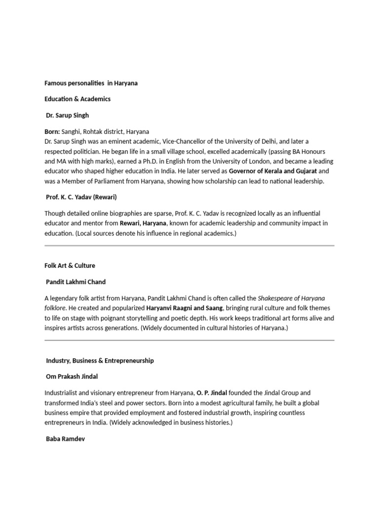 Notable Personalities from Haryana | PDF