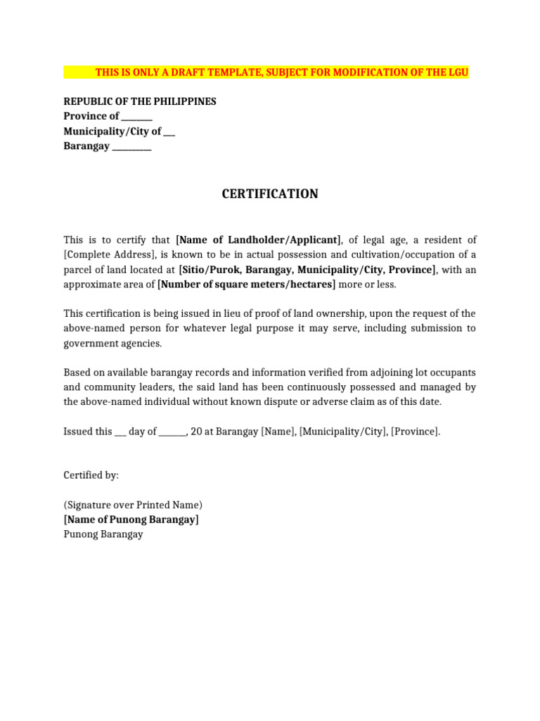 Barangay Land Ownership Certification Template | PDF
