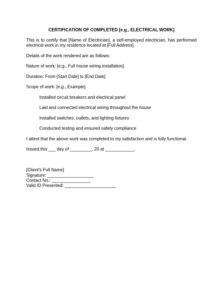 Electrical Work Completion Certification | PDF