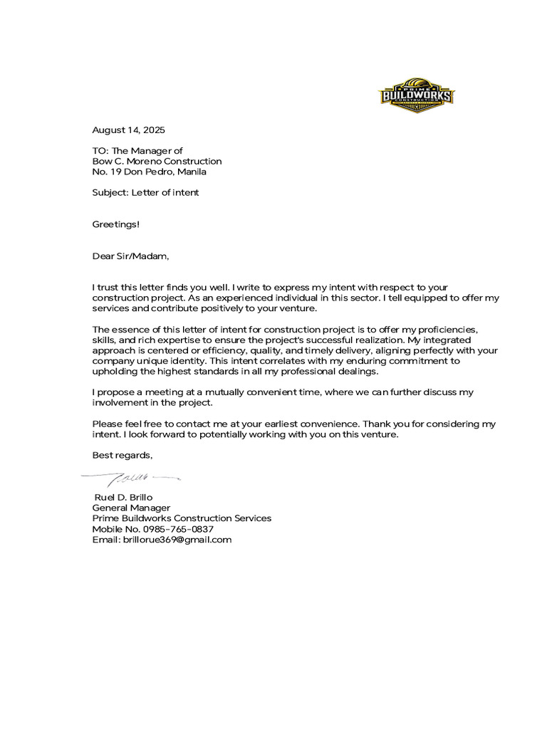Bow C Moreno Construction Letter of Intent | PDF