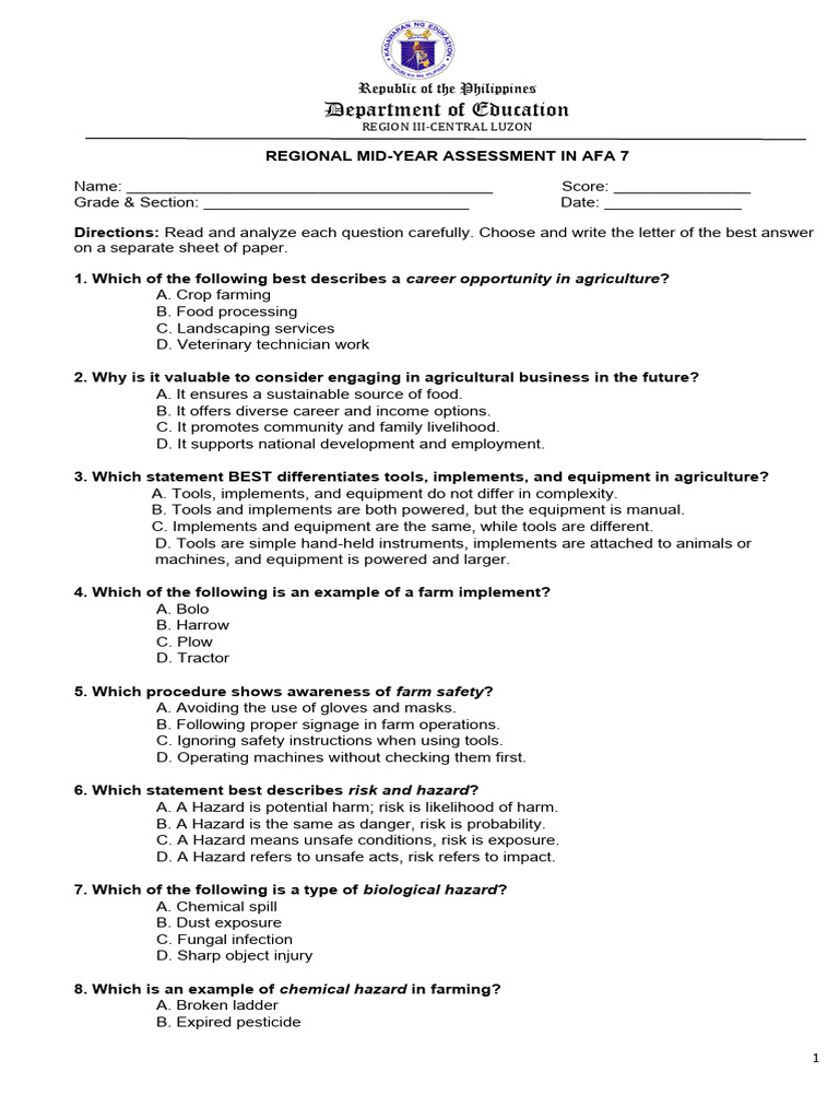 Assessment Tle7 Afa Dela Cruz Marivic m | PDF | Agriculture | Hazards