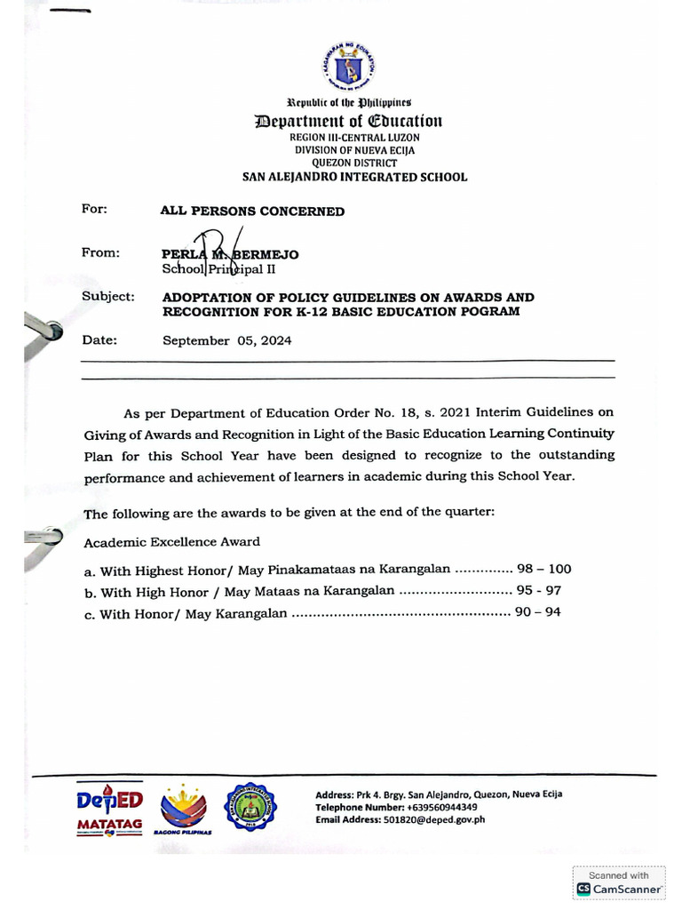 School Memo on Awards and Recognition Fo | PDF