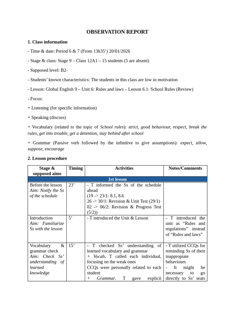 [210126] 12A1 Stage 9 - Observation Report | PDF | Human Communication ...