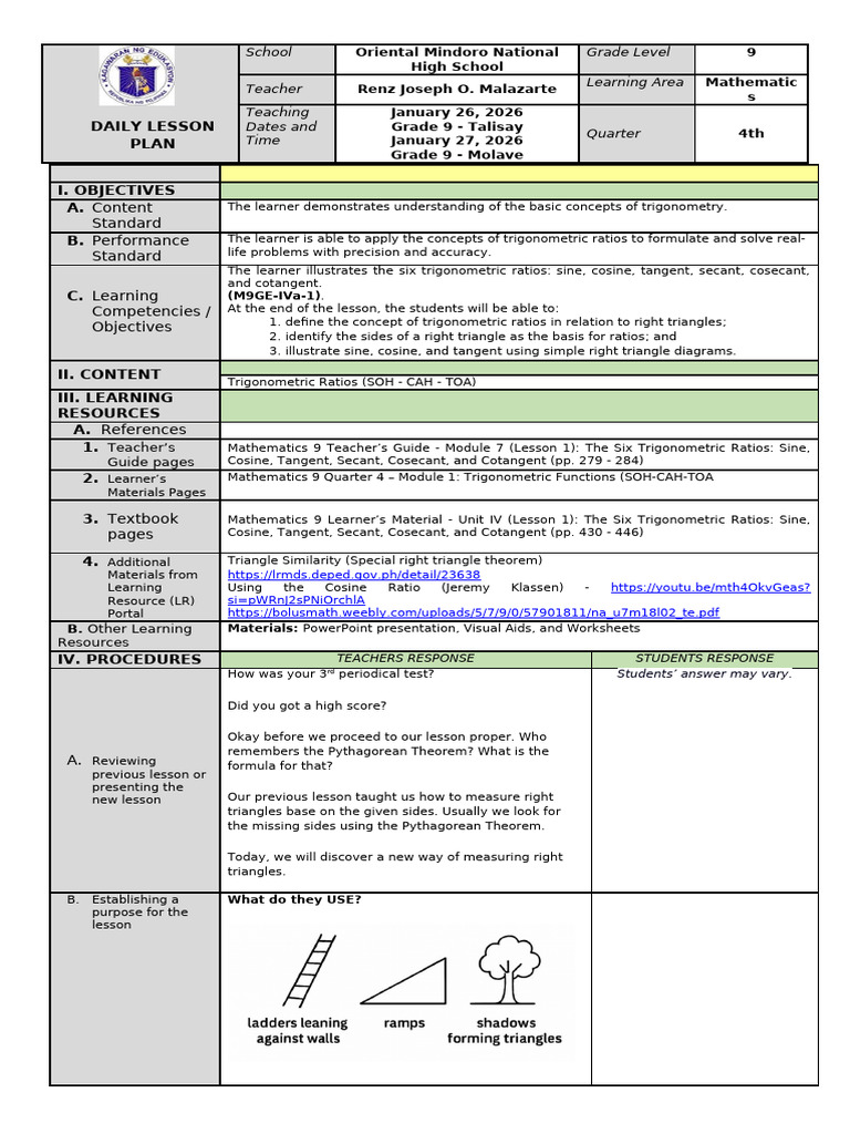 Trigonometric Ratios Lesson Plan | PDF | Trigonometric Functions ...