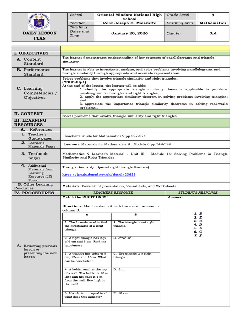Module 16 D1 Solves Problems That Involve Triangle Similarity and Right Triangles. | PDF ...