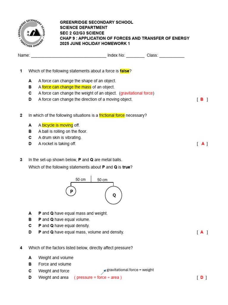 June Holiday Homework 1 Ans | PDF | Potential Energy | Energy Development