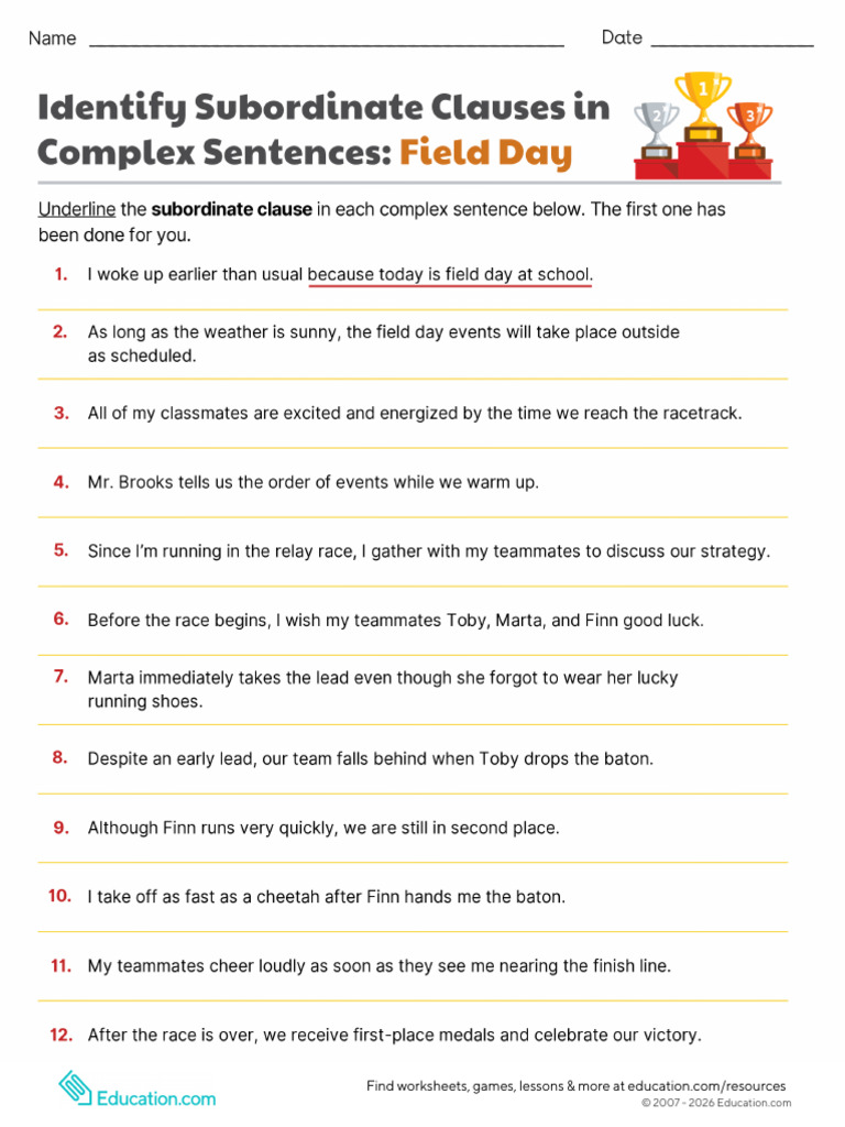 Identify Subordinate Clauses in Complex Sentences Field Day | PDF