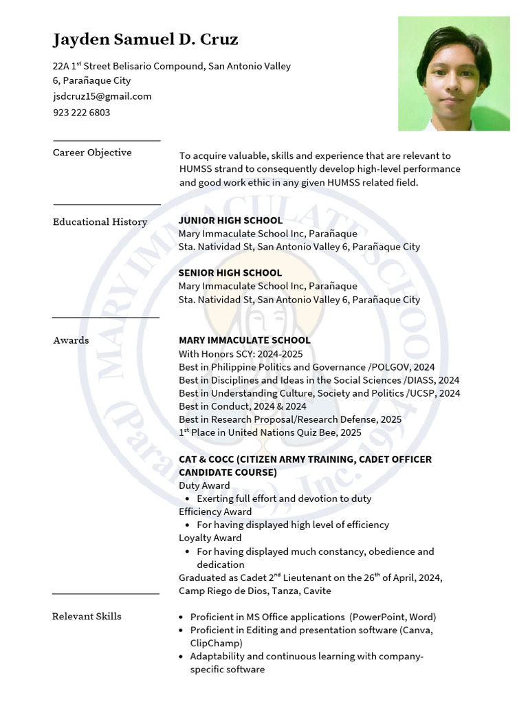 Jayden D. Cruz: HUMSS Profile & Achievements | PDF