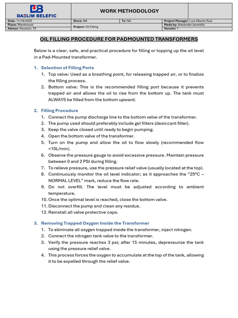 Oil Filling Procedure for Transformers | PDF | Pump