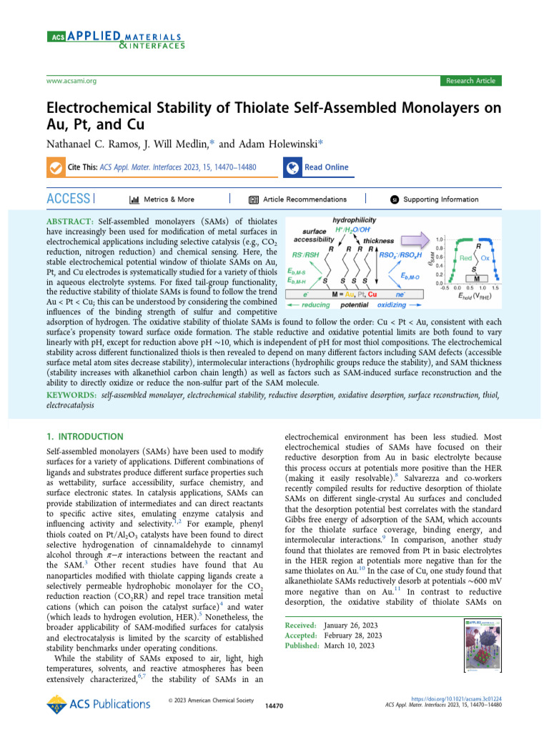 Holewinski 2023 Electrochemical Stability of Thiolate SAMs on Au, Pt ...