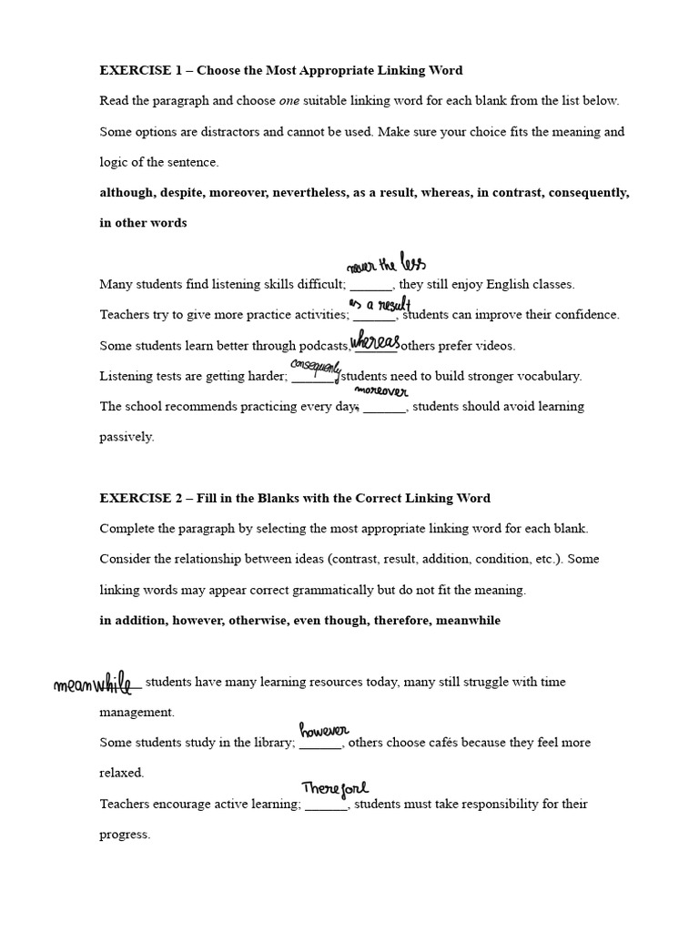 Linking Words Exercises for Students | PDF | Learning | Teachers