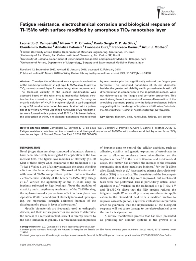 Fatigue resistance, electrochemical corrosion and biological response ...