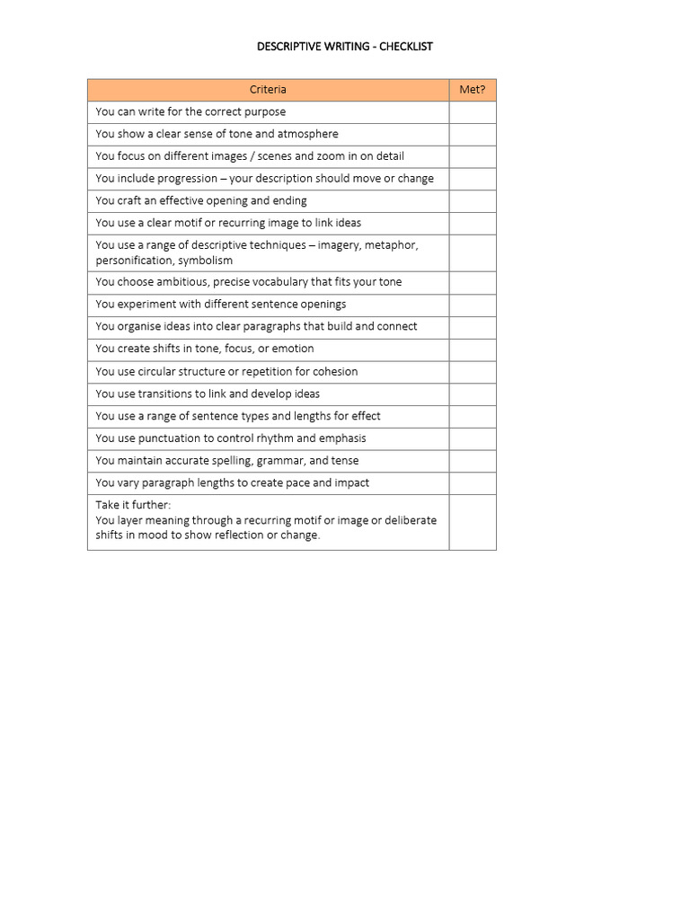 Descriptive Writing Checklist Guide | PDF