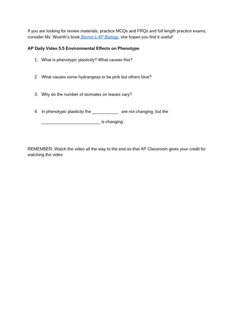 Copy of AP Daily Video 5.5 Environmental Effects on Phenotype | PDF