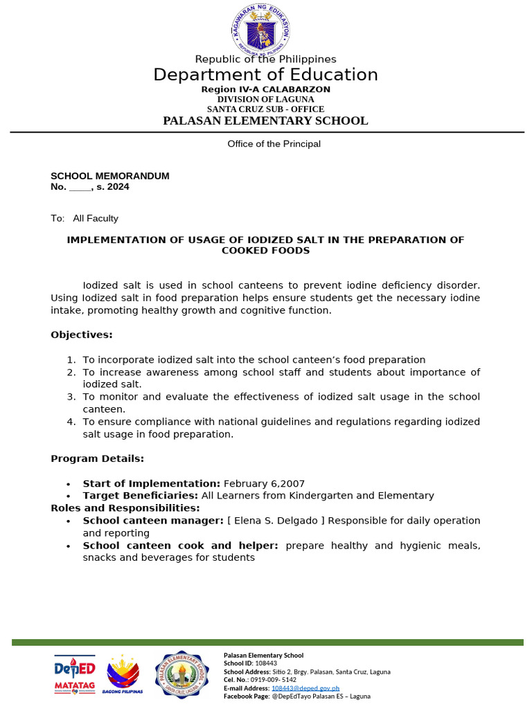 Iodized Salt 2024 2025 School Memo Meeting on School Activities Copy ...