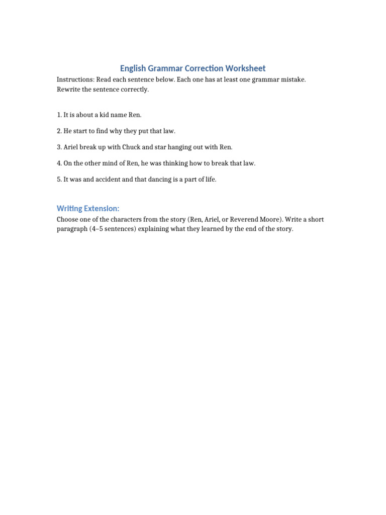 Grammar Correction Worksheet for Students | PDF
