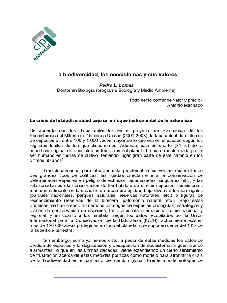 Paper Biodiversidad Ecosistemas Valoraciones | PDF | Movimiento conservacionista | Biodiversidad