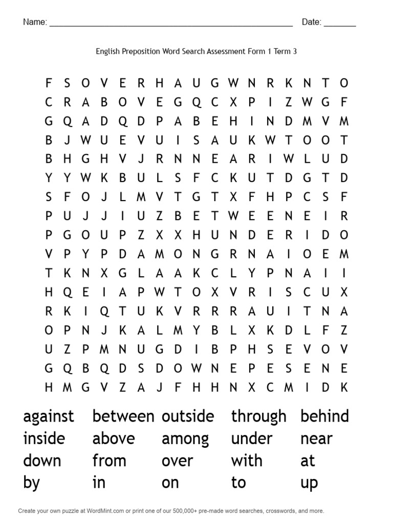 English Preposition Word Search Puzzle | PDF | Word Puzzles | Puzzles