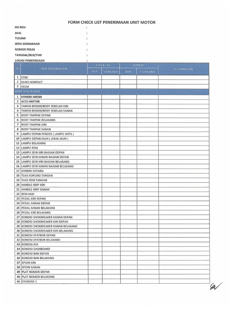 Form Ceklis Motor | PDF