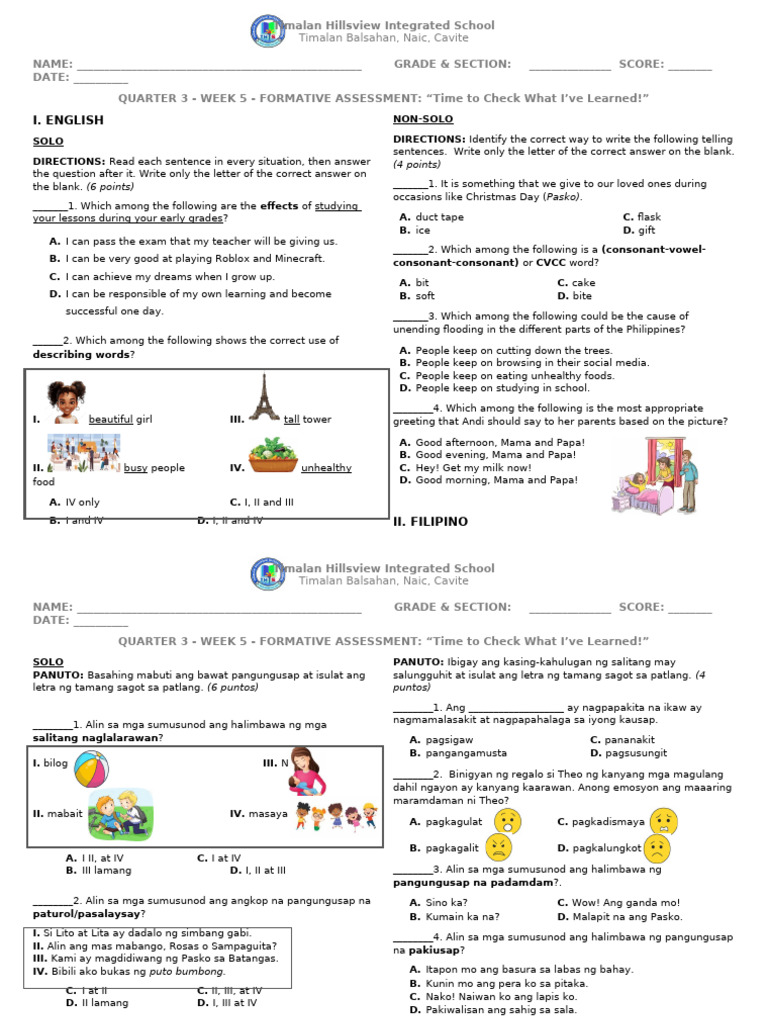 Quarter 3 Week 5 Formative Assessment | PDF