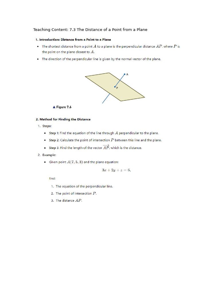 Teaching Content 7.3_The Distance of a Point From a Plane | PDF