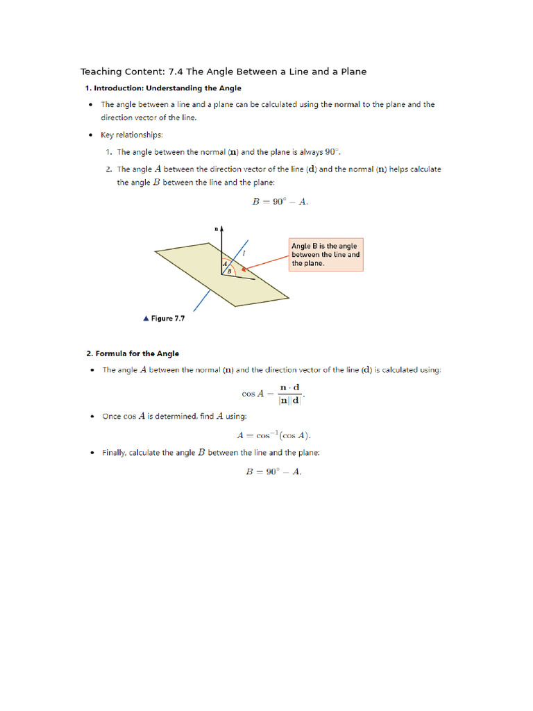 Teaching Content 7.4_The Angle Between a Line and a Plane | PDF