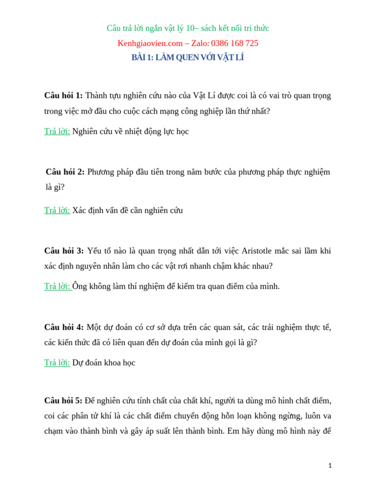 TLN Vat Ly 10 KNTT Bai 1 Lam Quen Voi Vat Li | PDF