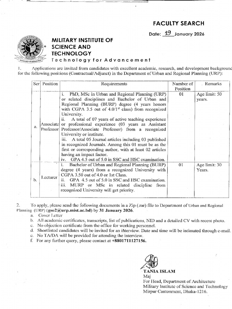Recruitment Circular, URP Dept, MIST | PDF